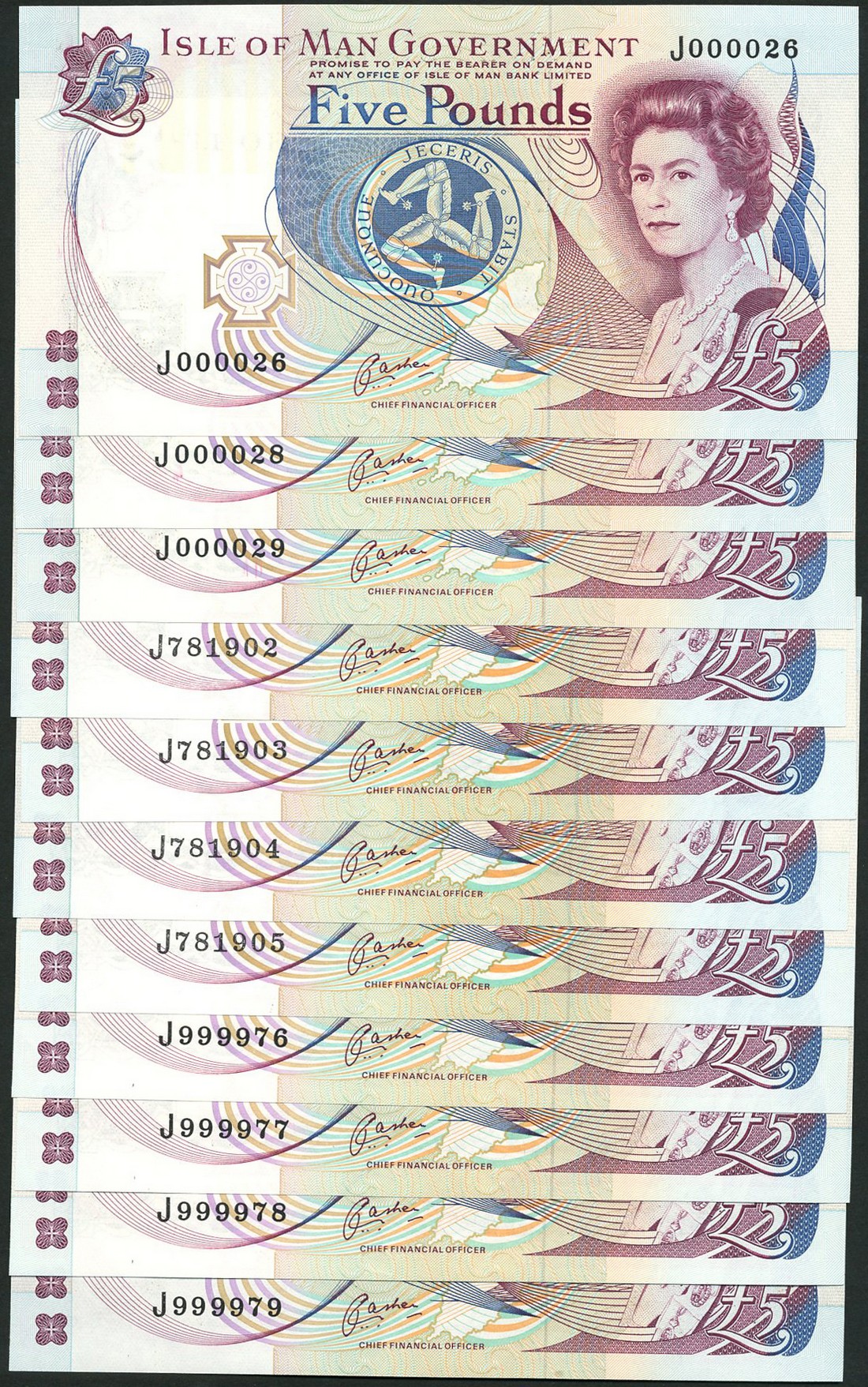 1725 - Isle of Man Government, £5 (12), ND (1996-2001), serial numbers...