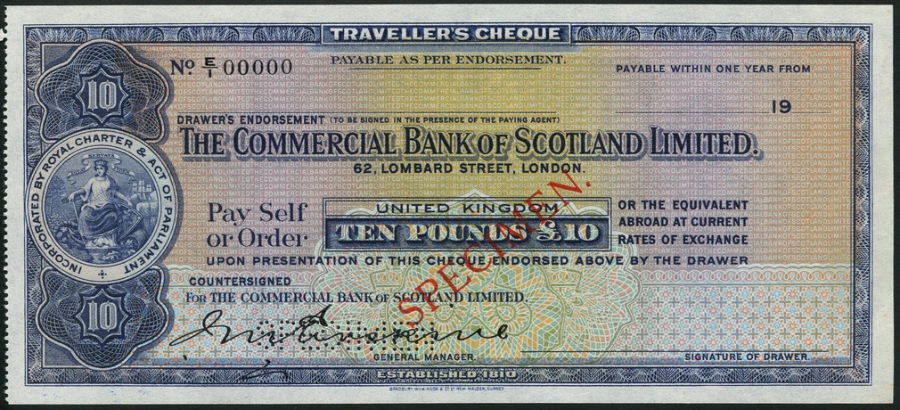 2178 - Commercial Bank of Scotland Limited, specimen travellers cheques...