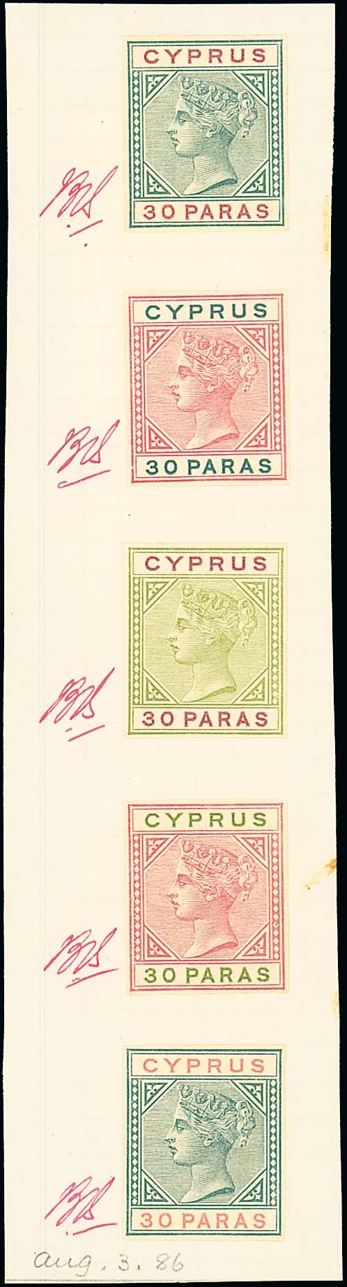 46 - Cyprus 1886 30 Paras Imperforate Colour Trials Five different bi...