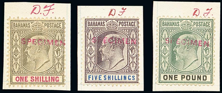 210 - Bahamas King Edward VII Head Issue Specimen Stamps CA 6d., 1/-,...