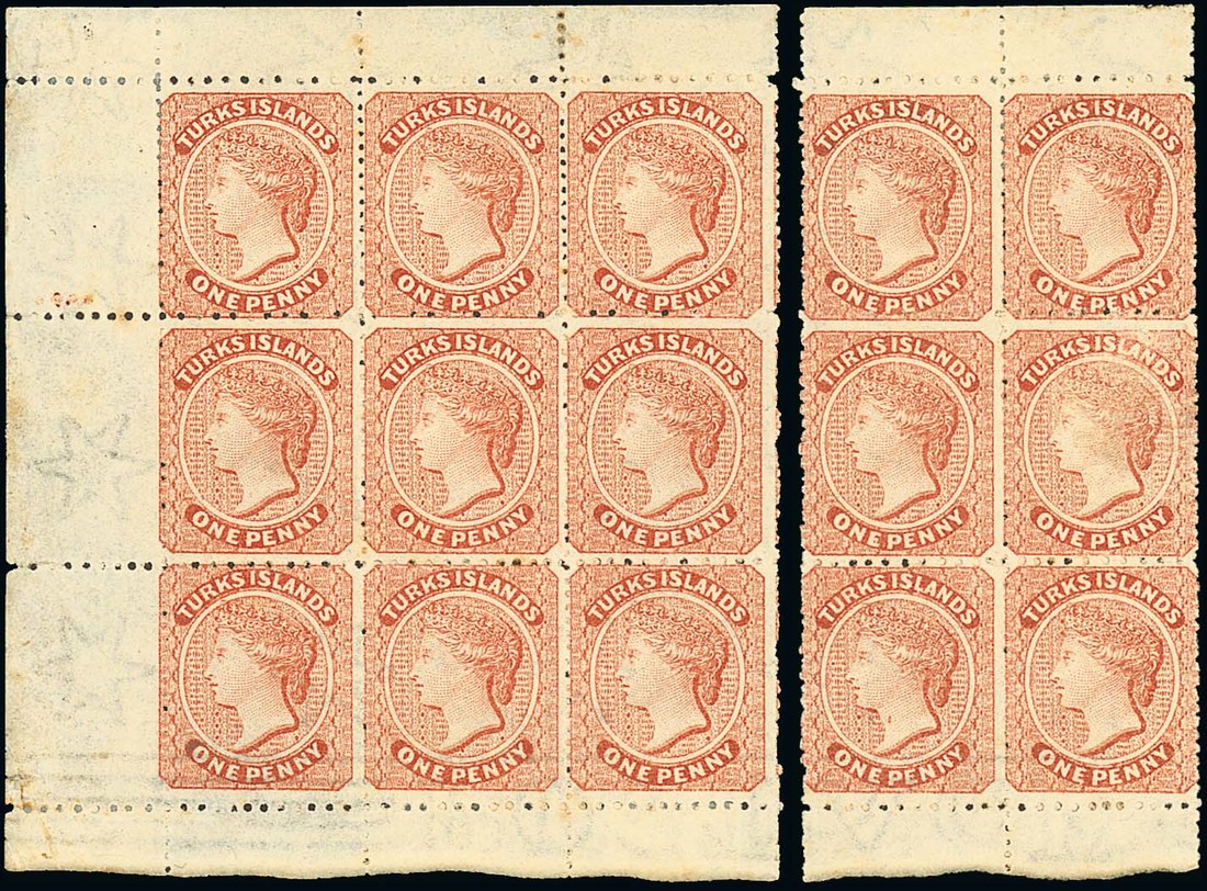 543 - Turks Islands 1873-79 Issue 1d. dull red block of nine, [1-23],...