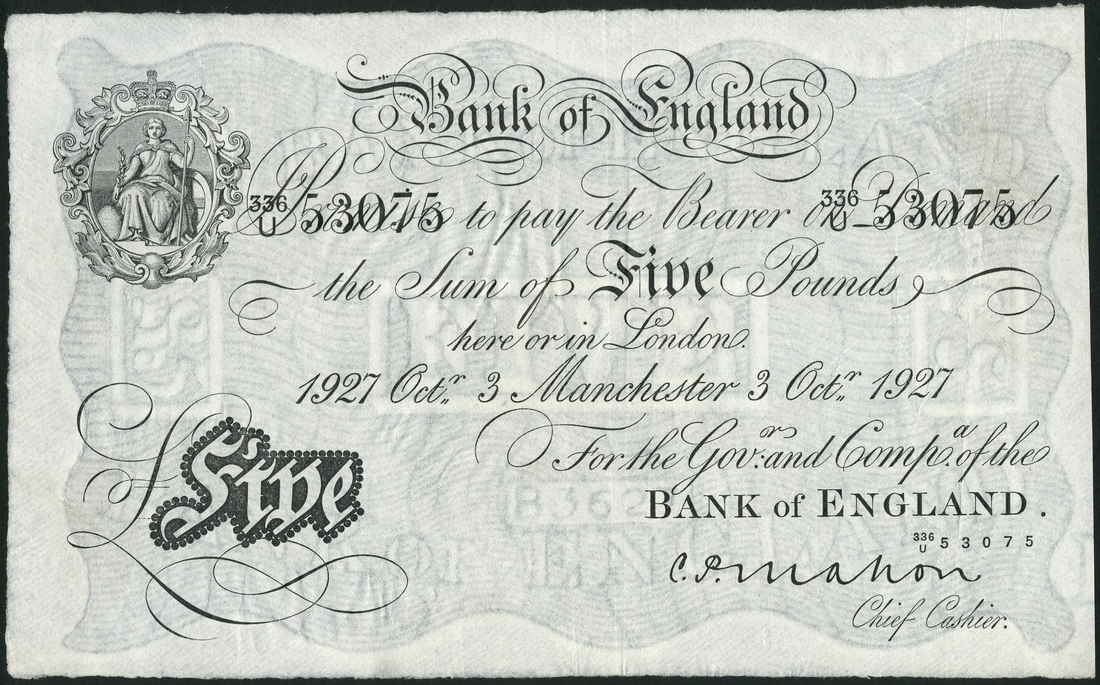 1187 - Bank of England, C P Mahon, £5, Manchester, 3 October 1927, seri...