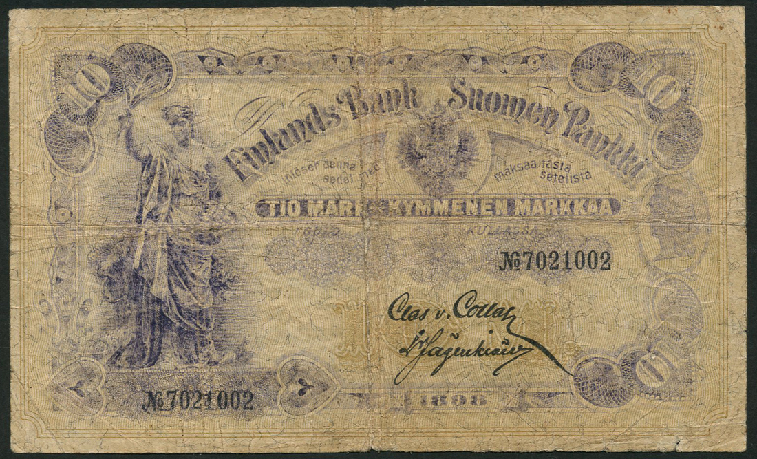 1908 - Finlands Bank, 10 markkaa (2), 1898, serial numbers 1399573 and...