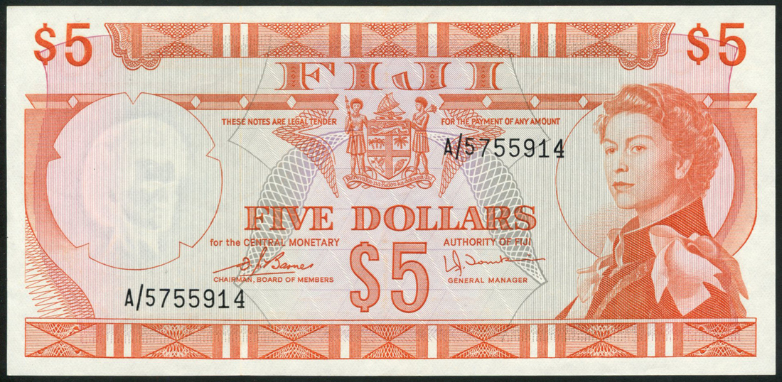 341 - Government of Fiji, $5, ND (1974), consecutive serial numbers A/...
