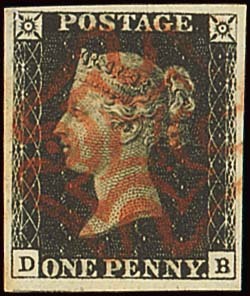 1577 - Great Britain 1840 One Penny Black Plate 6 DB, good to very larg...