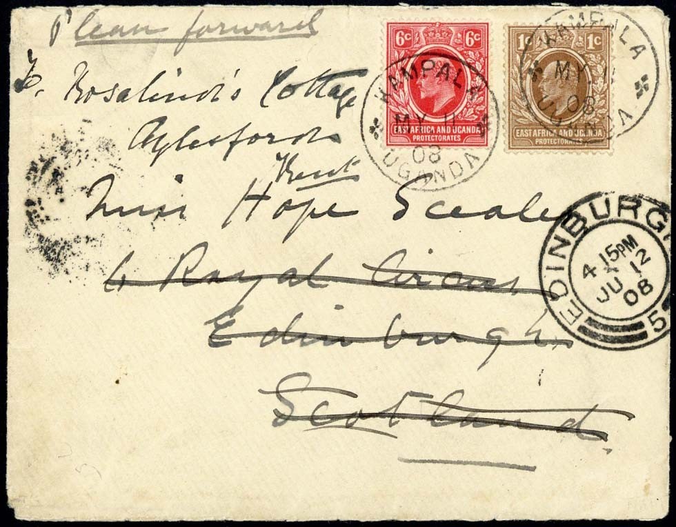 3535 - Uganda 1908 (11 May) envelope from Kampala to Scotland and redi...
