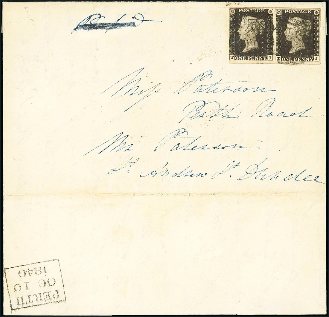 4215 - Great Britain 1840 One Penny Black Plate 1a TI-TJ horizontal pai...