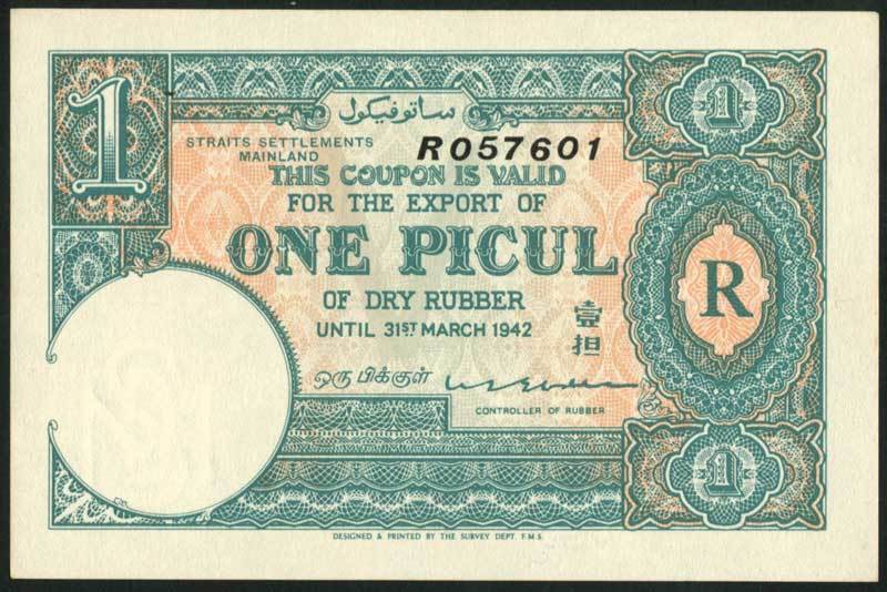 451 - Rubber Export Coupons, Straits Settlements, 1 picul, 1941, (Tan...