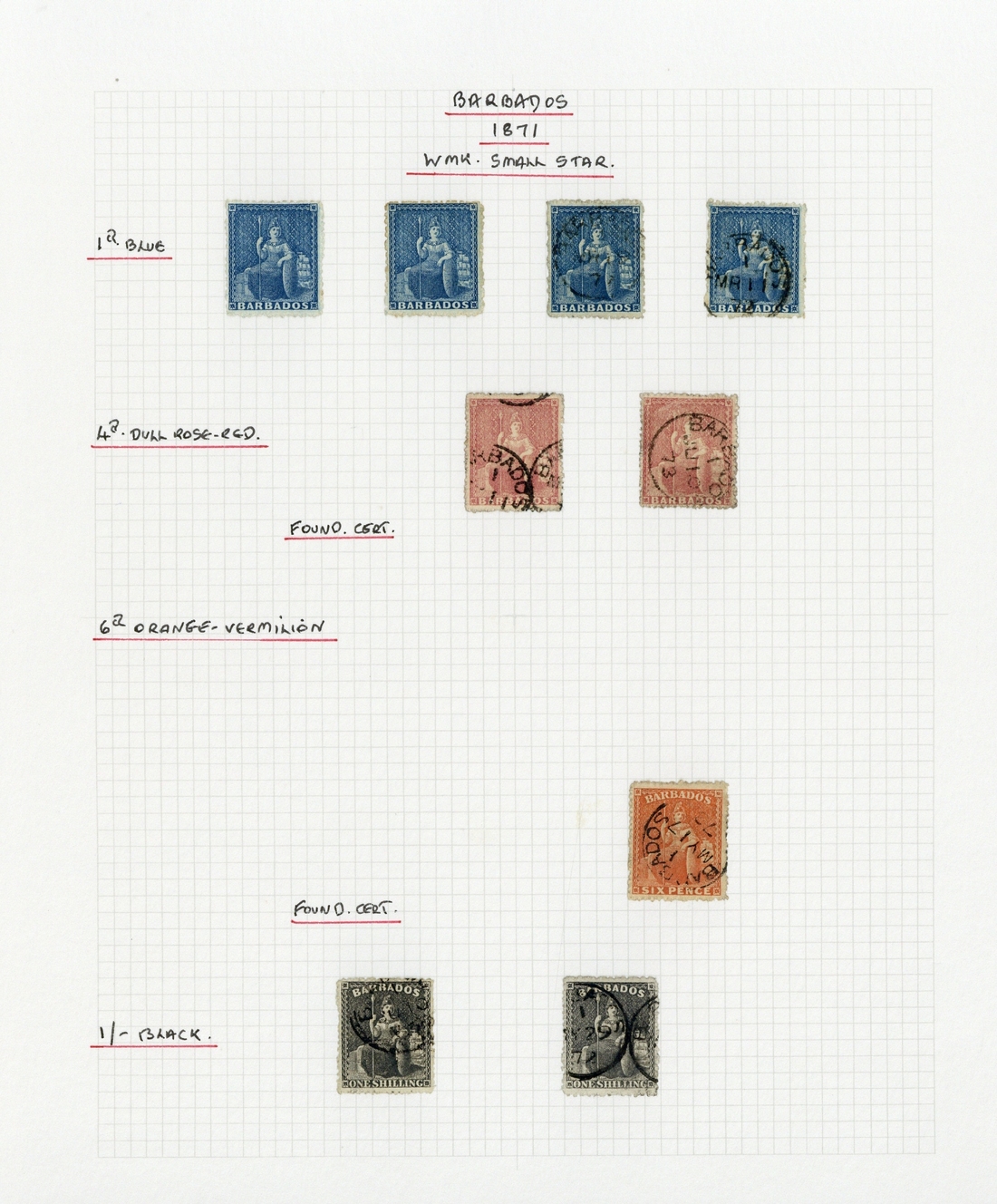 649 - Barbados 1871 Watermark Small Star, Rough Perf. 14 to 16 (1d.) b...