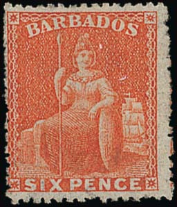 652 - Barbados 1871 Watermark Small Star, Rough Perf. 14 to 16 6d. ora...