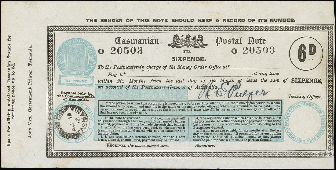 472 - Postal Notes c.1912 6d. blue and black, watermarked "tasmania/C...