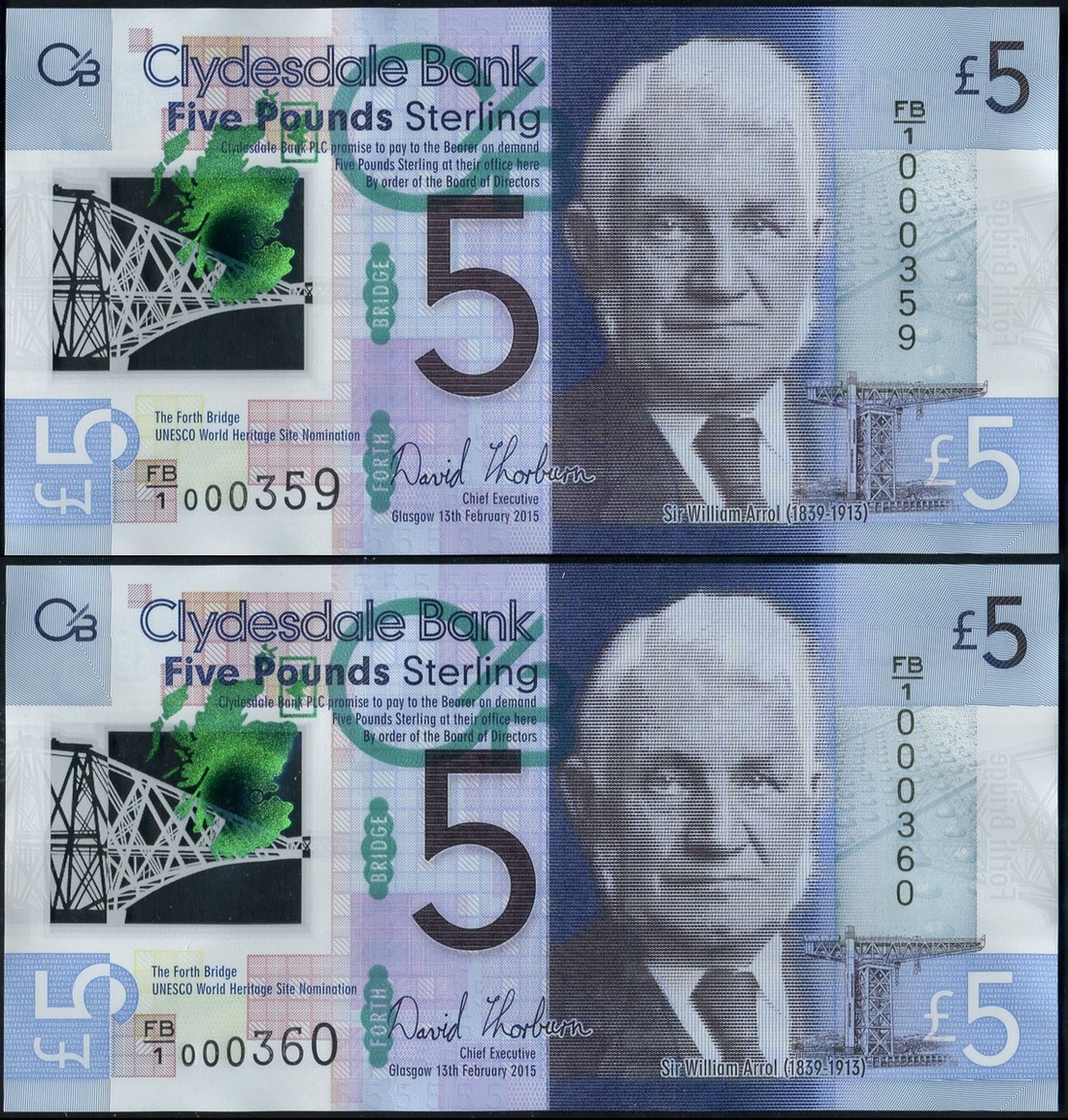 2862 Clydesdale Bank Commemorative 5 Polymer Notes 2 2015 Conse 