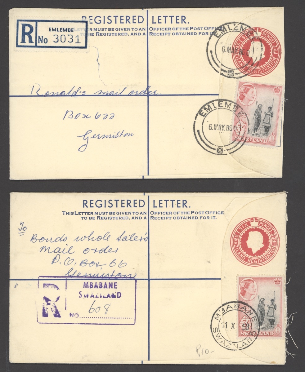 1434 Swaziland Postal Stationery Registered Envelopes 1961 65 5c Siz 1434 Swaziland Postal Stationery Registered Envelopes 1961 65 5c Siz