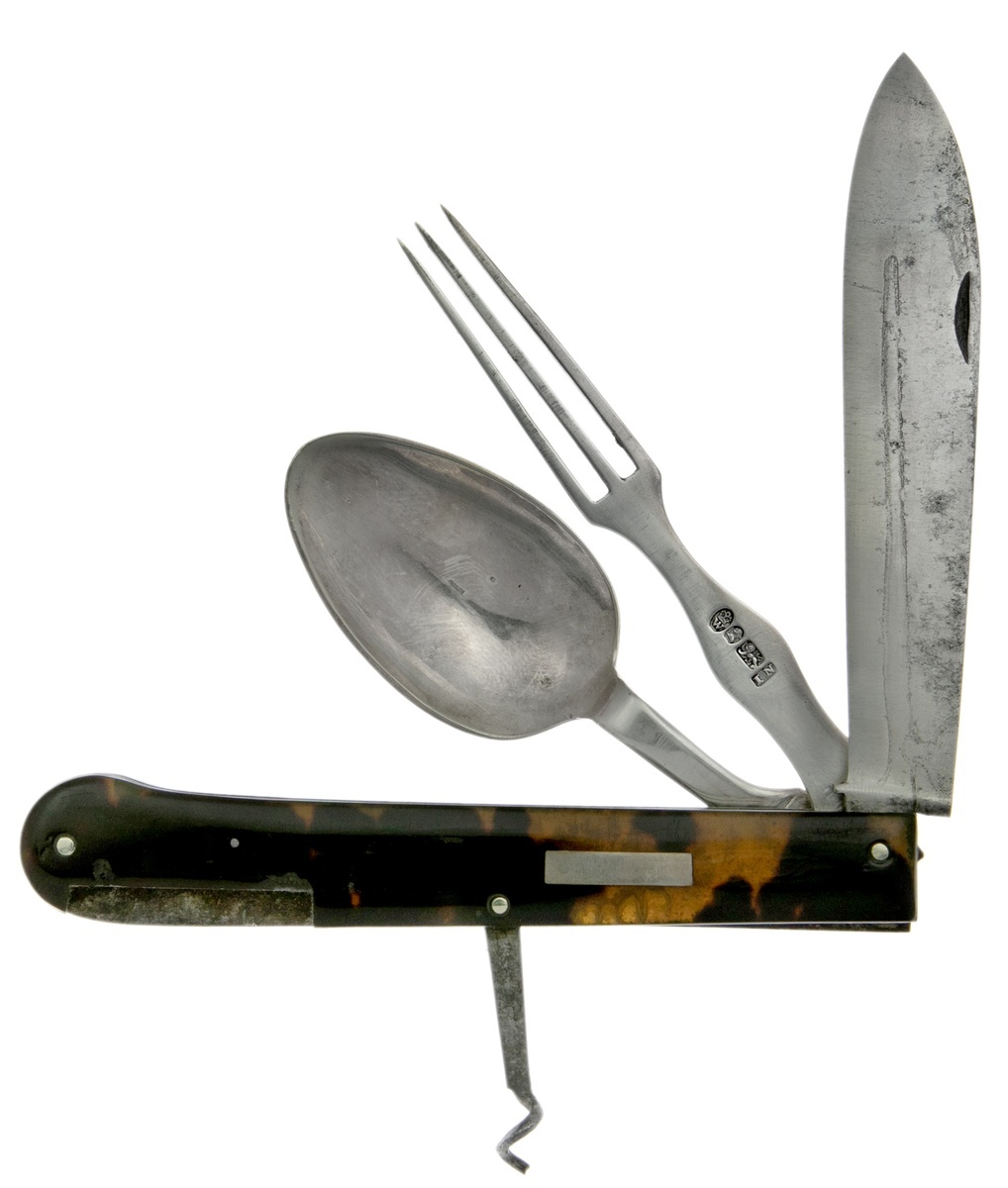 44 - Fine Tortoise Shell Handled Folding Silver Fork & Spoon with ste...
