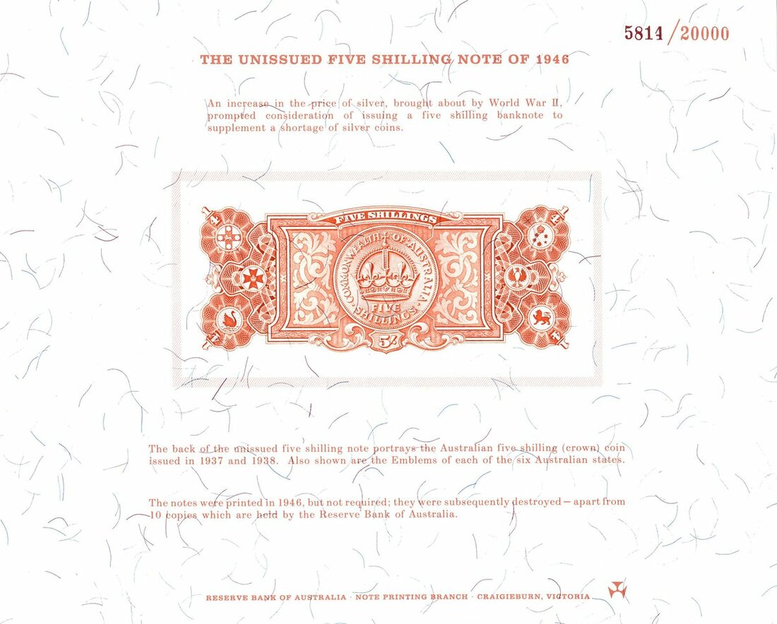 1034 - Australia, the unissued five shilling note of 1946, (Pick unlist...