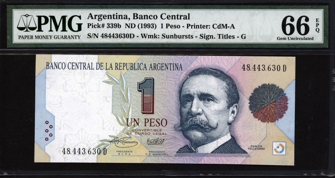 32 - Banco Central, Argentina, 1 peso, ND (1993), serial number 48443...