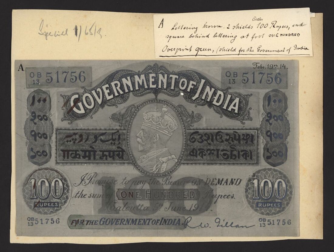 130 - Government of India, photographic proof, 100 rupees, 1914, seria...