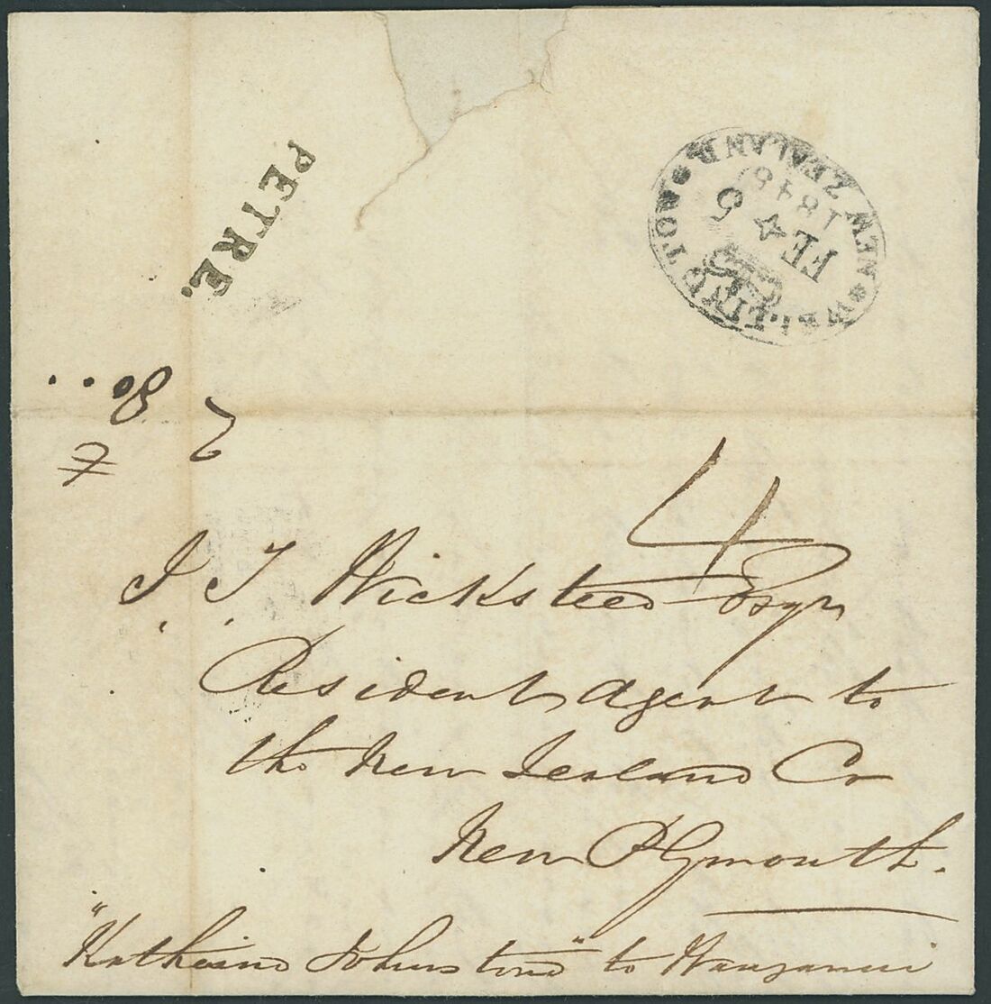2088 - New Zealand Pioneer Mail 1845 (3 Feb.) entire letter from Ridgew...