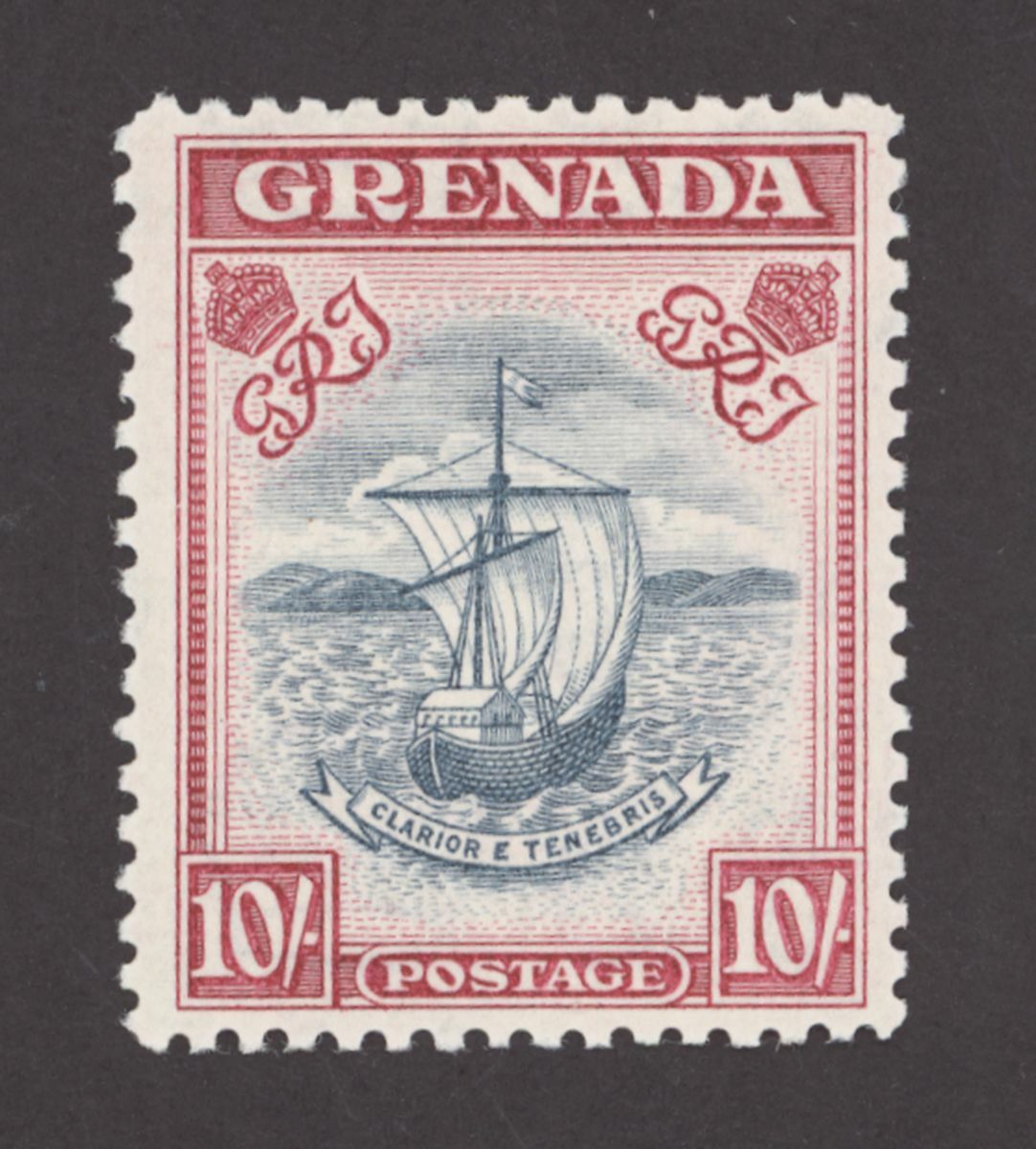 3554 - Grenada 1938-50 10/- slate-blue and bright carmine perforated 1...