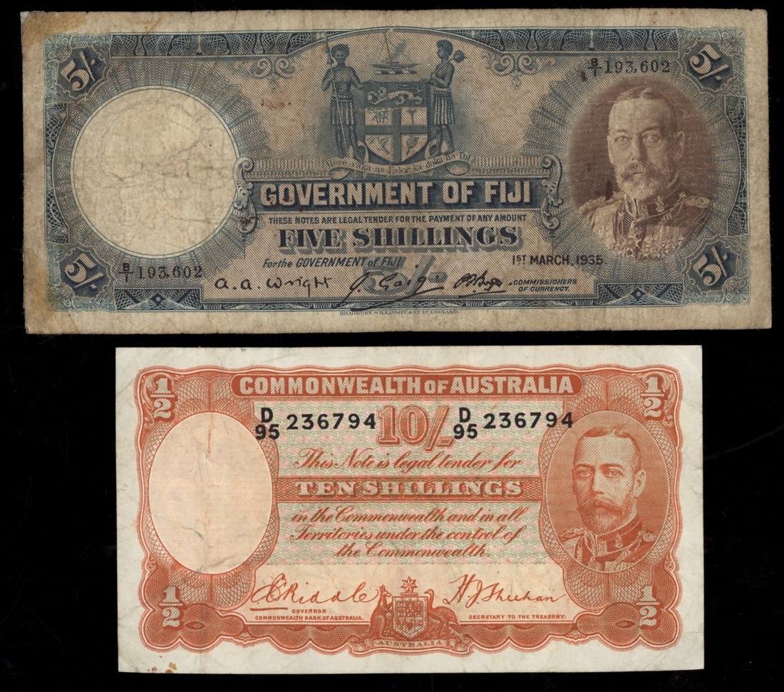 936 - Australia, Fiji, [2 notes] 5, 10 Shillings, 1935-9, (Pick 21, 31...
