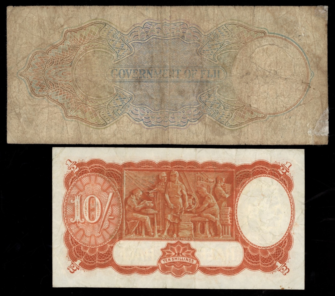 936 - Australia, Fiji, [2 notes] 5, 10 Shillings, 1935-9, (Pick 21, 31...
