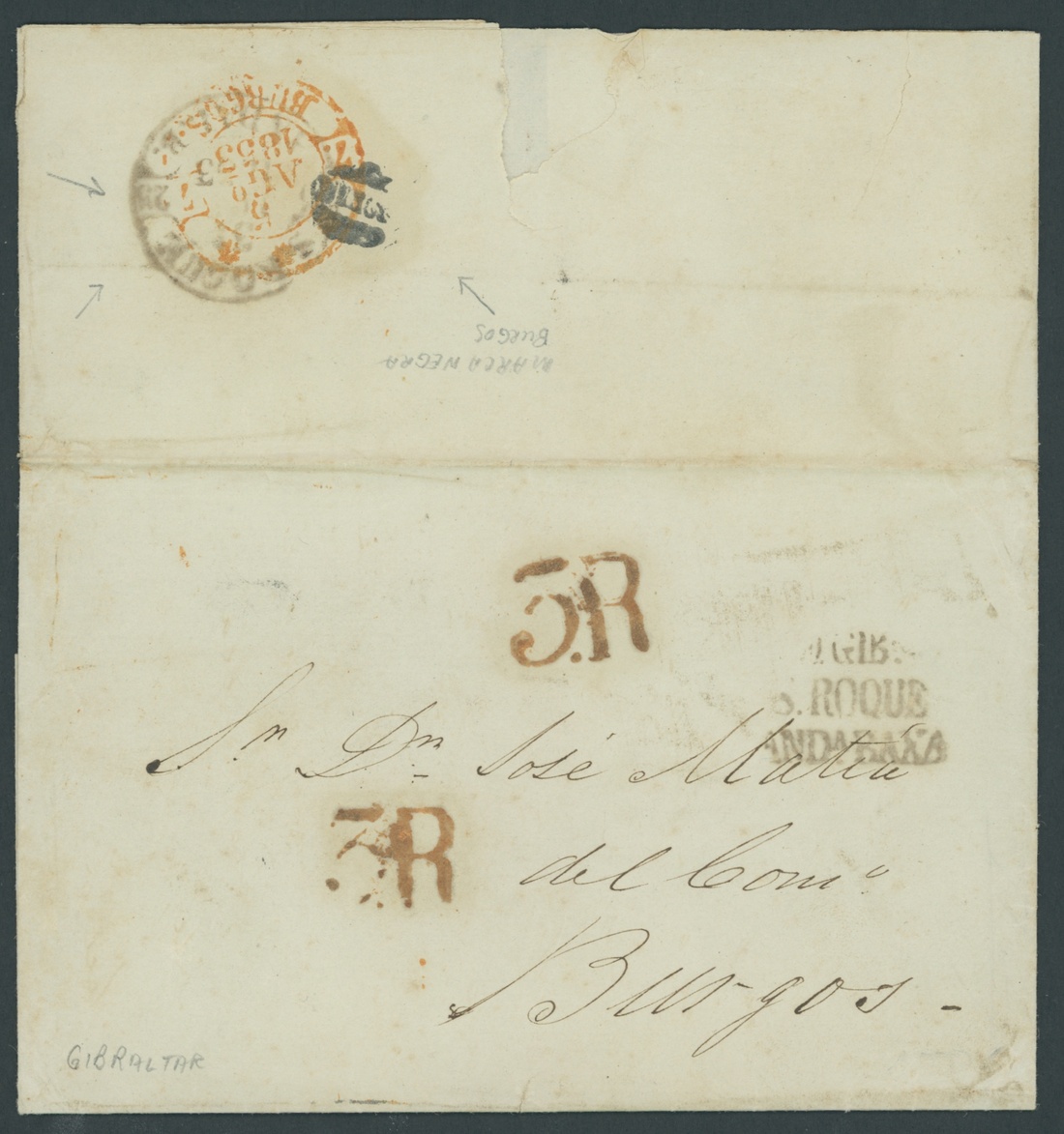 5144 - Gibraltar 1853 (30 July) entire letter to Burgos, rated "3", sh...