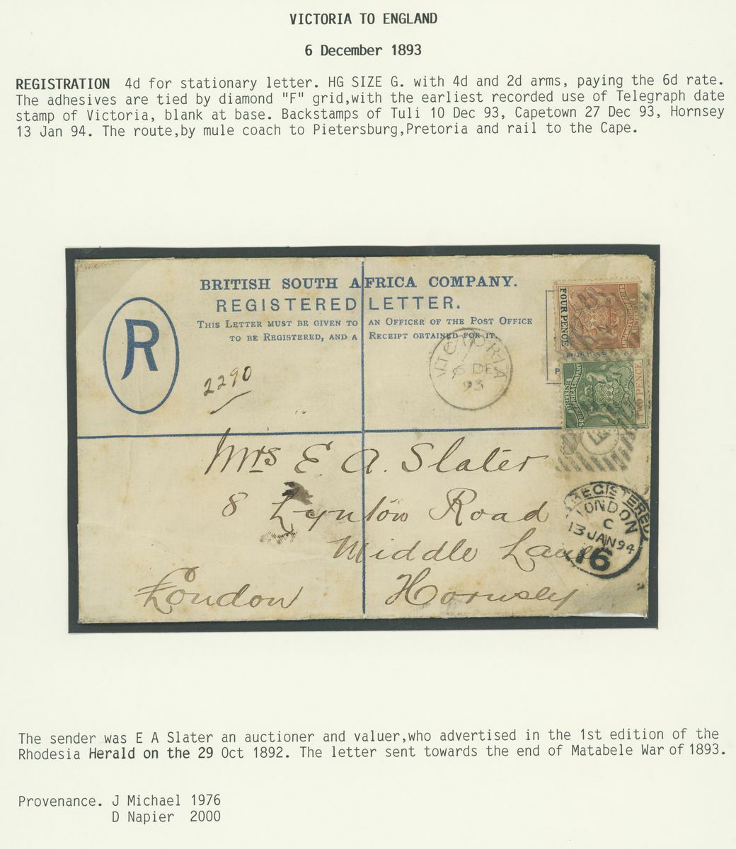 5124 - Rhodesia Postal Stationery Registered Letters 1893 (6 Dec.), 4d....