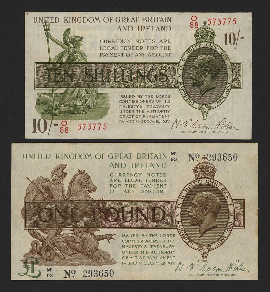 155 - Treasury Notes, Great Britain, [2 notes] 10 Shillings, £1, 1922-...