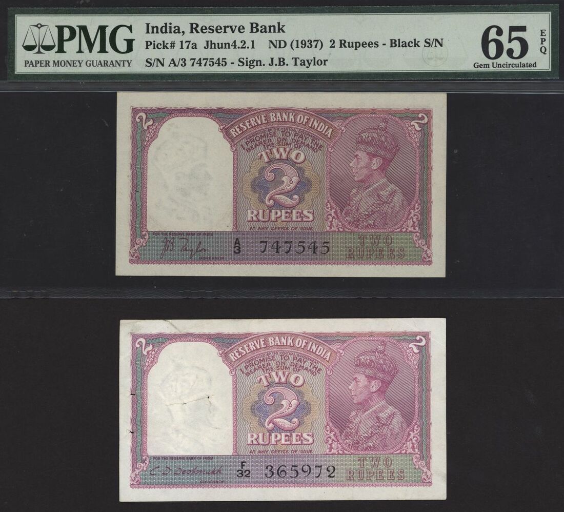 287 - Reserve Bank of India, [2 notes] 2 Rupees, ND (1937-1943), seria...