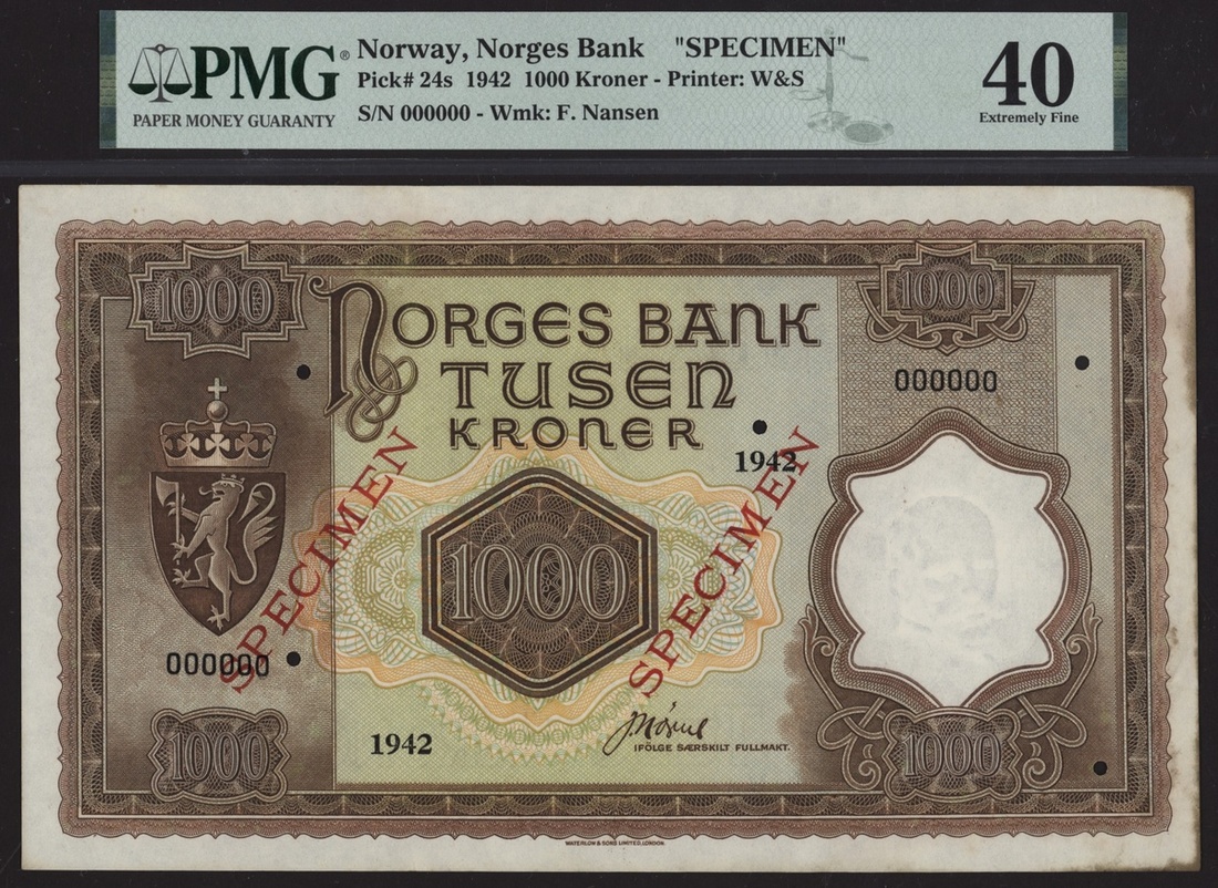 500 - Norges Bank, Norway, specimen 1000 Kroner, 1942, serial number 0...