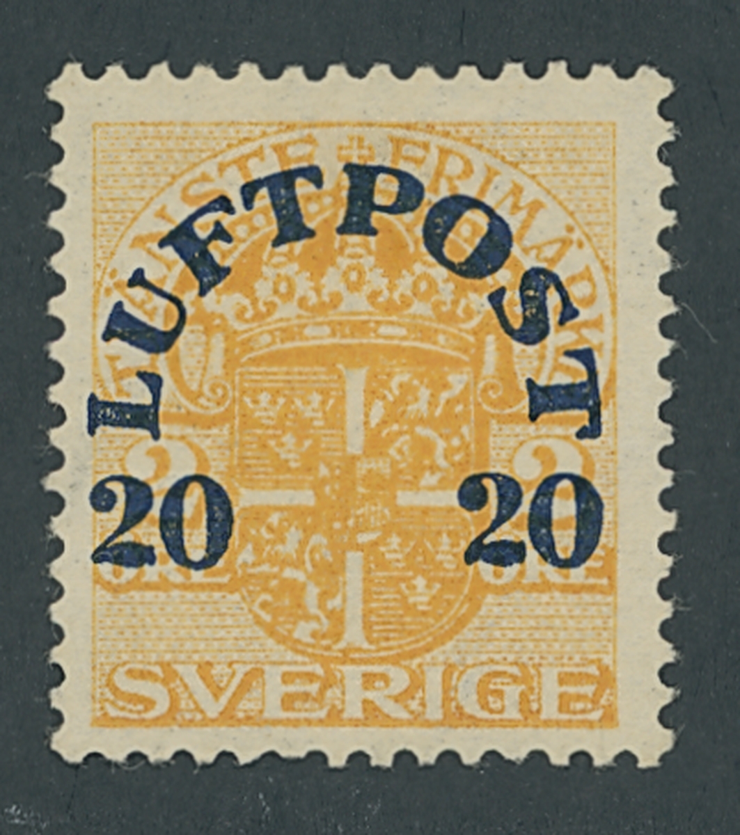 3970 - Sweden 1920 20o. on 2o. orange Airmail, Watermark Crown, large...
