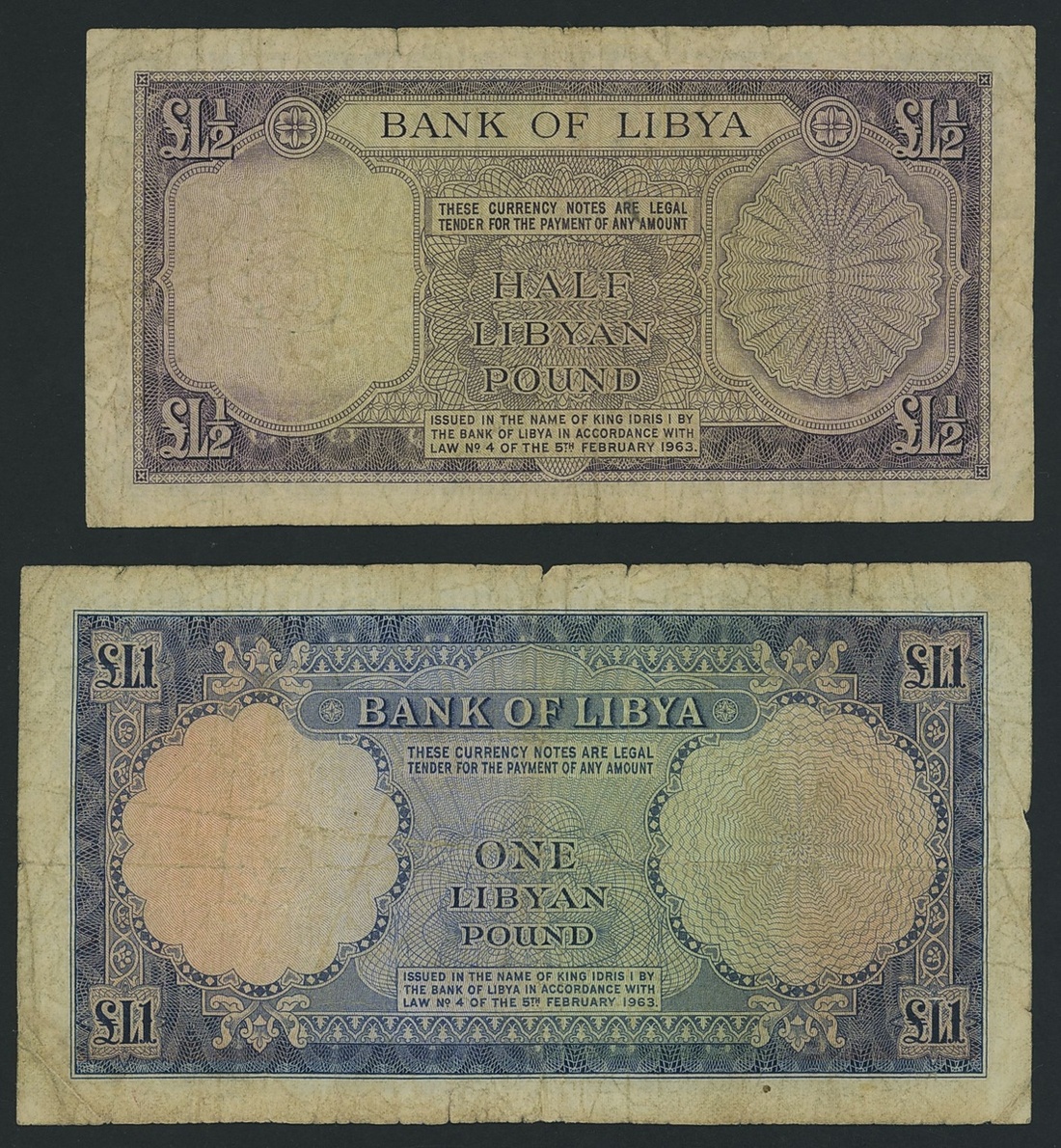 609 - Bank of Libya, [5 notes] 1/2, 1, 10 Libyan Pounds, 1963, (Pick 2...