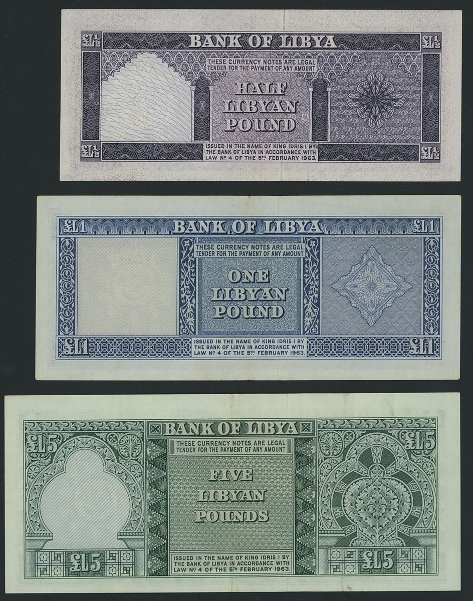 610 - Bank of Libya, [3 notes] 1/2, 1, 5 Libyan Pounds, 1963, (Pick 29...
