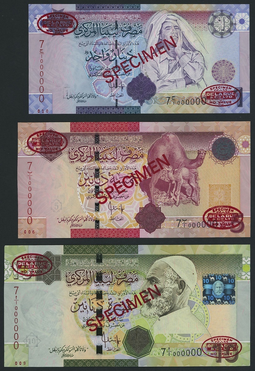 613 - Central Bank of Libya, [4 notes] specimen 1, 5, 10 & 20 Dinars,...