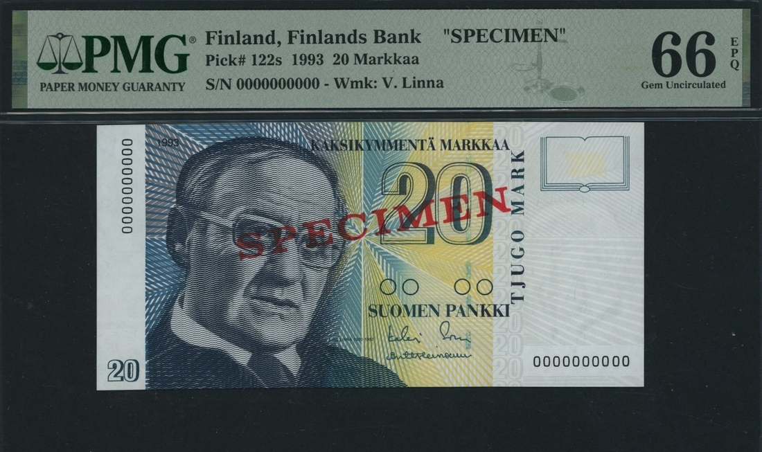 93 - Finlands Bank, Finland, specimen 20 Markkaa, 1993, all zero seri...