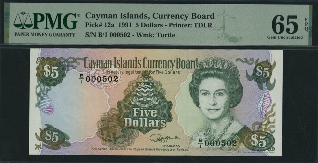 49 - Cayman Islands Currency Board, 5 Dollars, 1991, serial number B/...