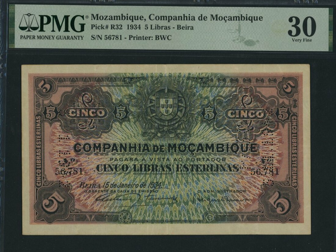 629 - Companhia De Mocambique, 5 Libras Esterlinas, 15th January 1934,...