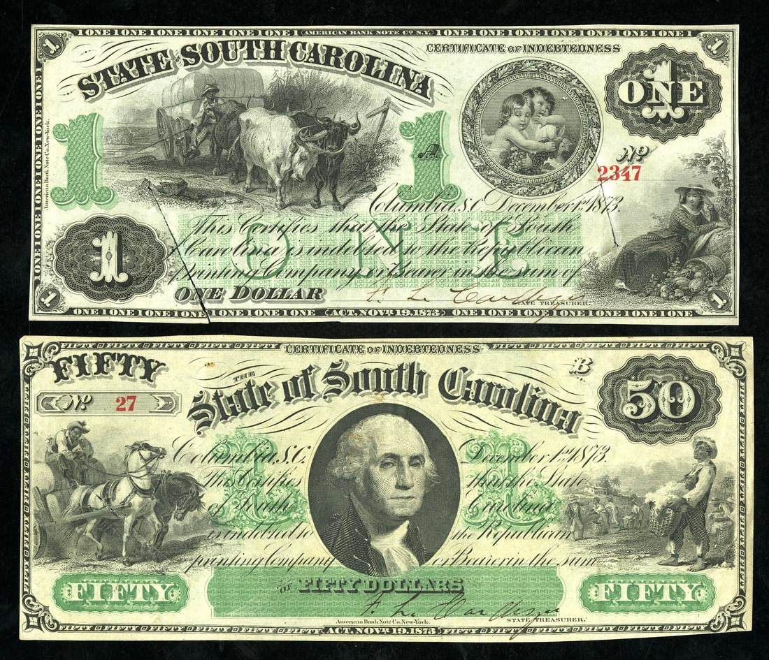 391 - SC. Nice assortment of State of South Carolina, Columbia 1873 is...