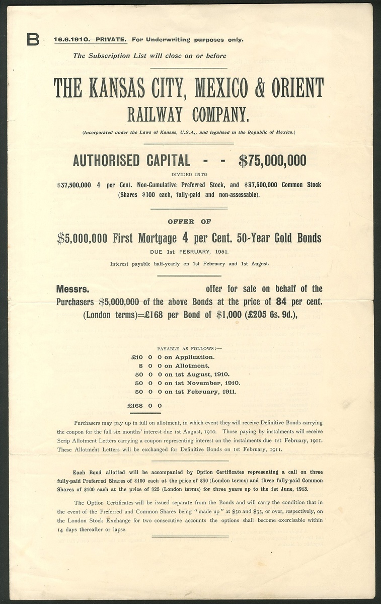 27 - Kansas City, Mexico & Orient Railway Co., common stock, 19[06],...