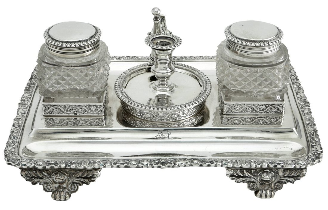 26 - A Large George IV Silver Inkstand Set by Thomas Robins Intricate...