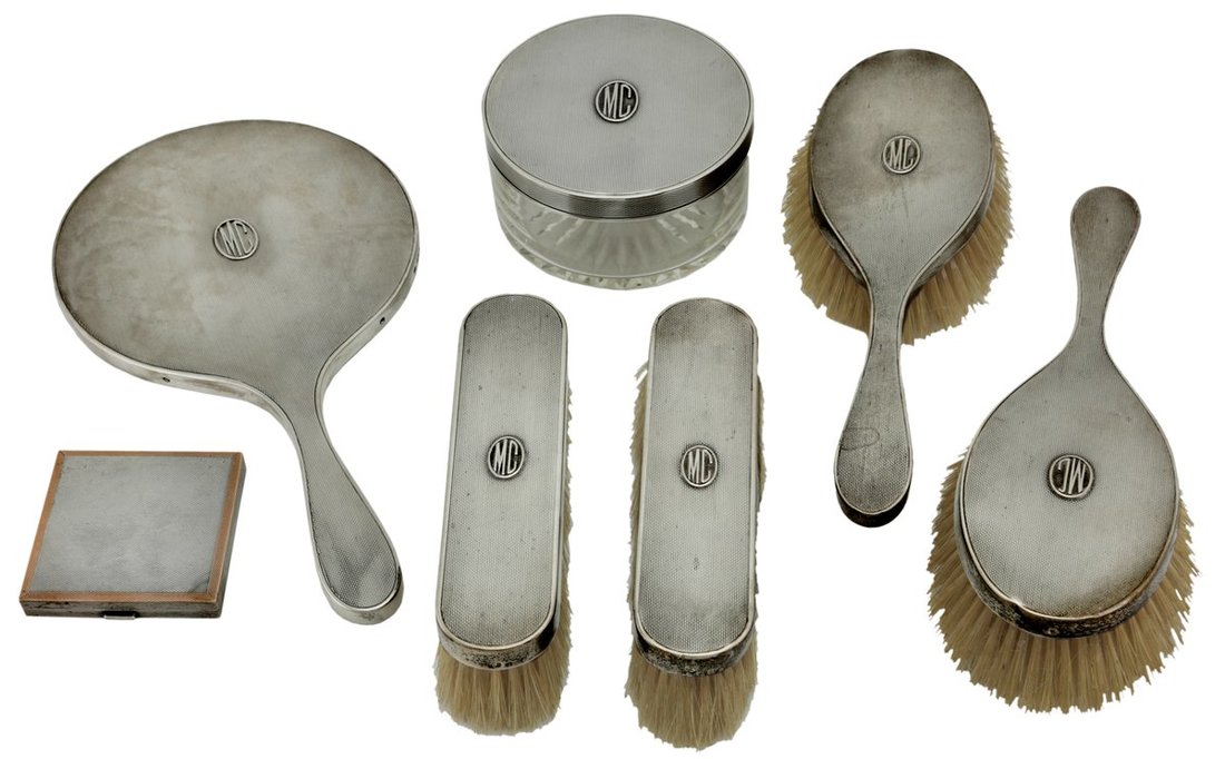 27 - A Lady's Silver Matched Dressing Table Set Decorated with fine q...