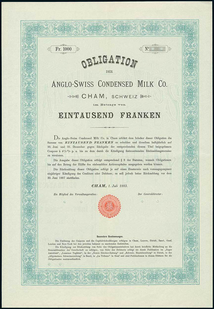 198 - Anglo-Swiss Condensed Milk Co. 4½% Obligation Fr.1000. Cham, 1.7...