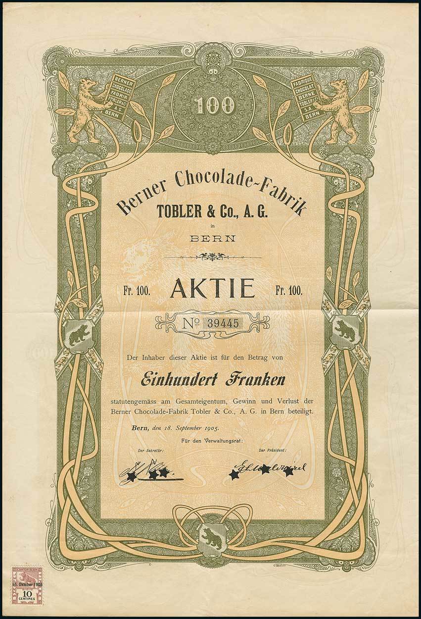 203 - Berner Chocolade-Fabrik, Tobler & Co AG. Aktie Fr.100. Bern, 18....