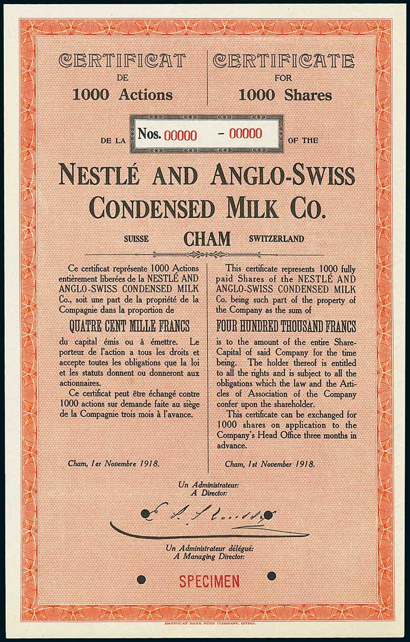 230 - Nestlé and Anglo-Swiss Condensed Milk Co. Zertifikat 1000 Action...