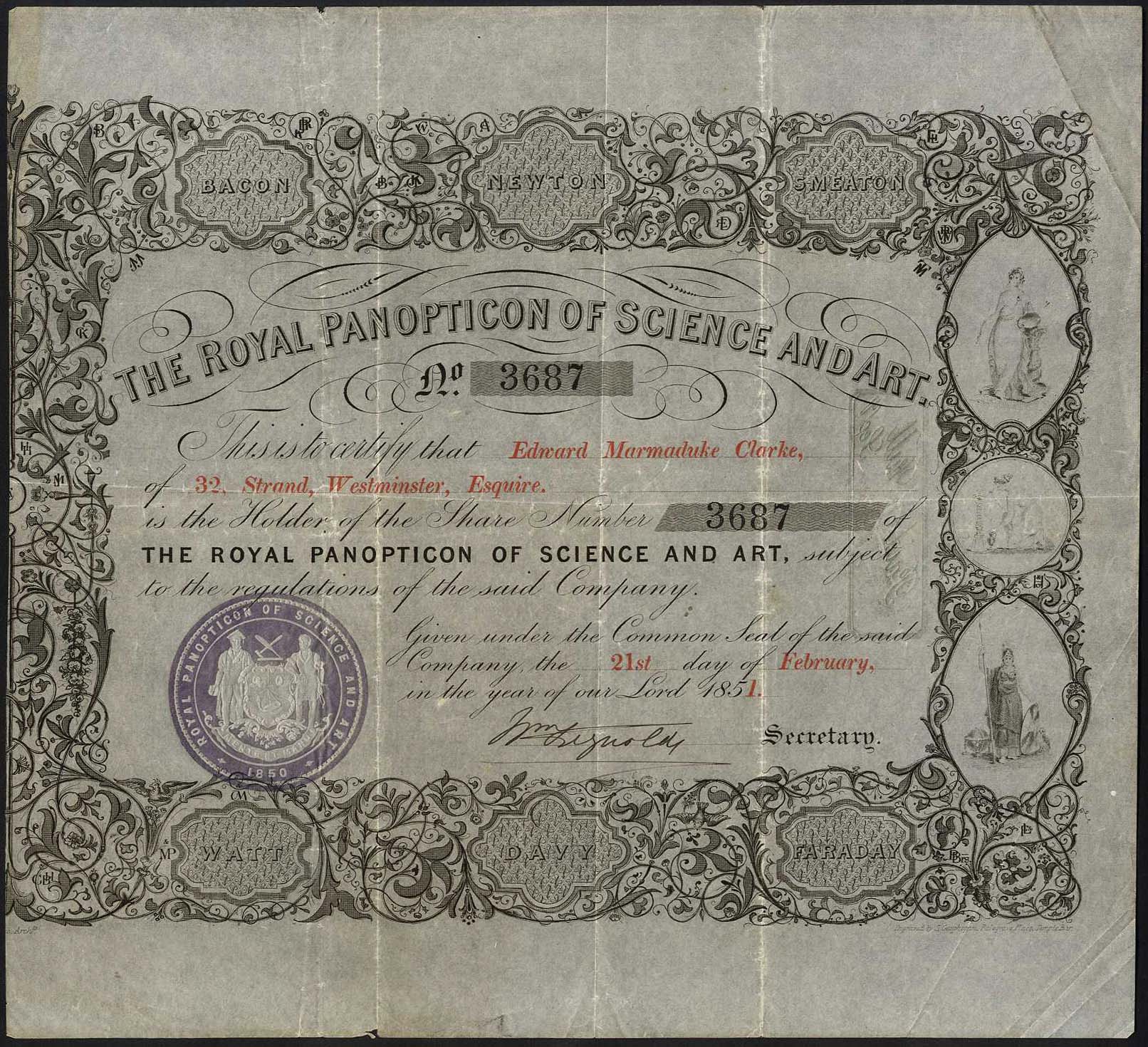 459 - Royal Panopticon of Science and Art, certificate for one share,...