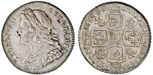 324 - George II (1727-60), young head Shilling, 1727, laureate, draped...