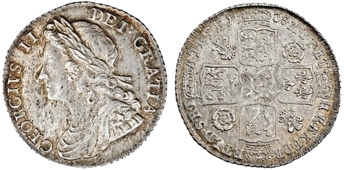327 - George II, young head Shilling, 1735, laureate, draped and cuira...