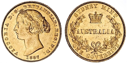 766 - Australia, Victoria, Sovereign, 1857, Sydney, wreathed head left...