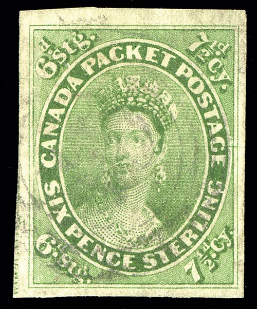 499 - #9, 1857 7½d Green, left sheet-margin single showing portion of...