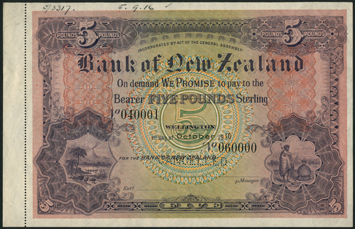 2339 - Bank of New Zealand, specimen £5, 1 October 1916, serial number...